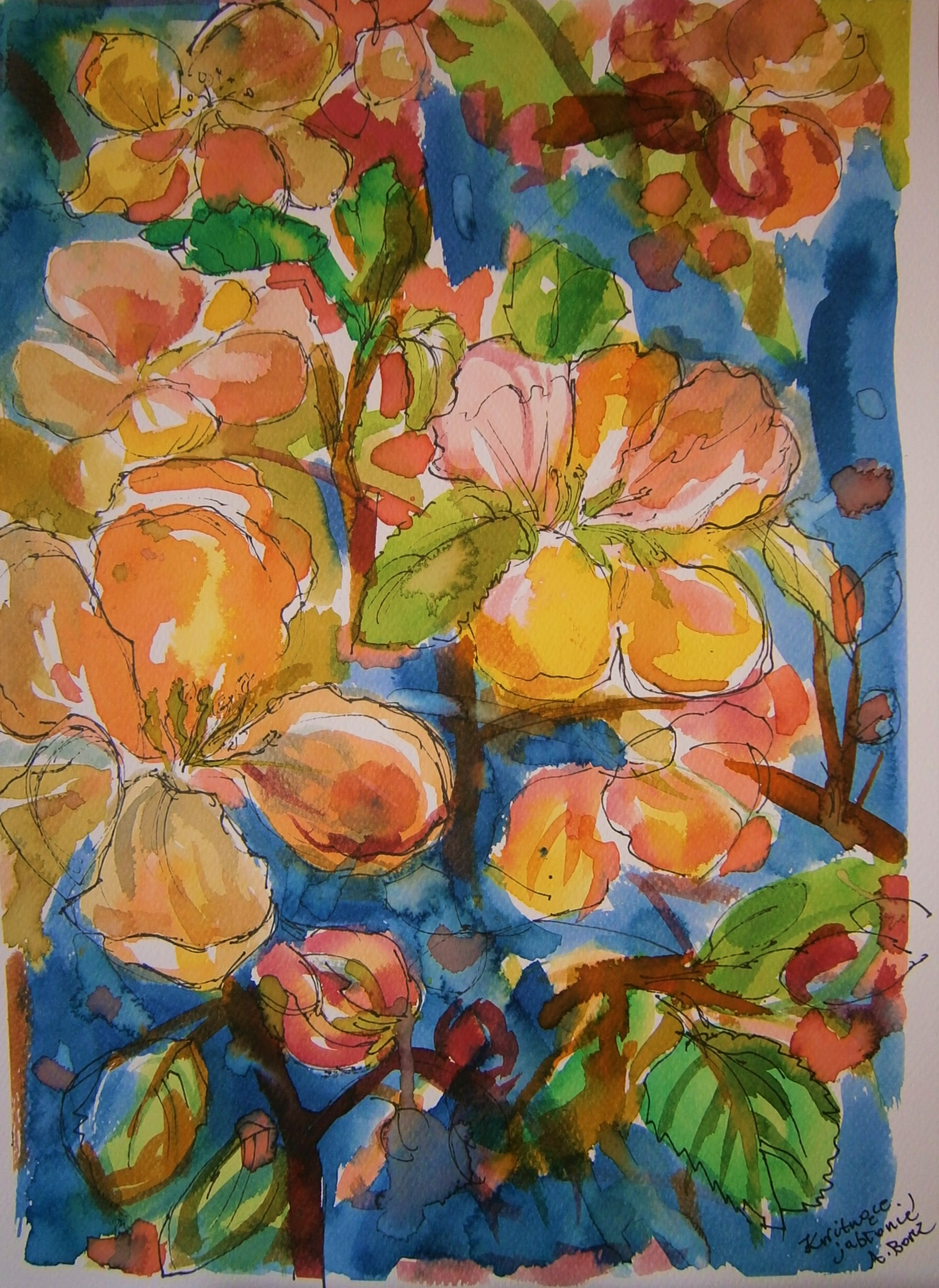 KWITNĄCE JABŁONIE 50x40cm z passe-partout, akwarela i tusze na papierze ...